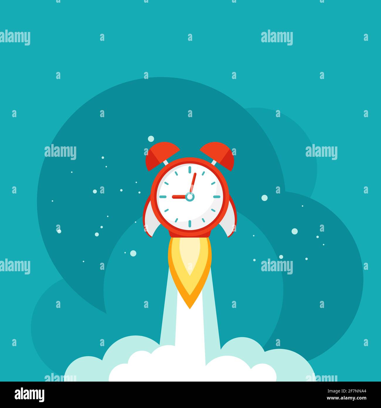 horizontal background with red alarm clock rocket ship with cosmos ...