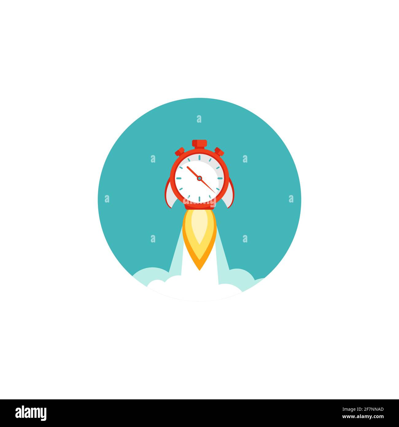 red stopwatch rocket ship with fire and clouds in blue circle. Fast ...