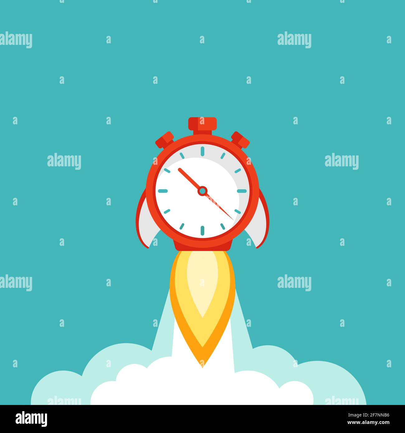 red stopwatch rocket ship with fire and clouds. Fast time stop watch ...
