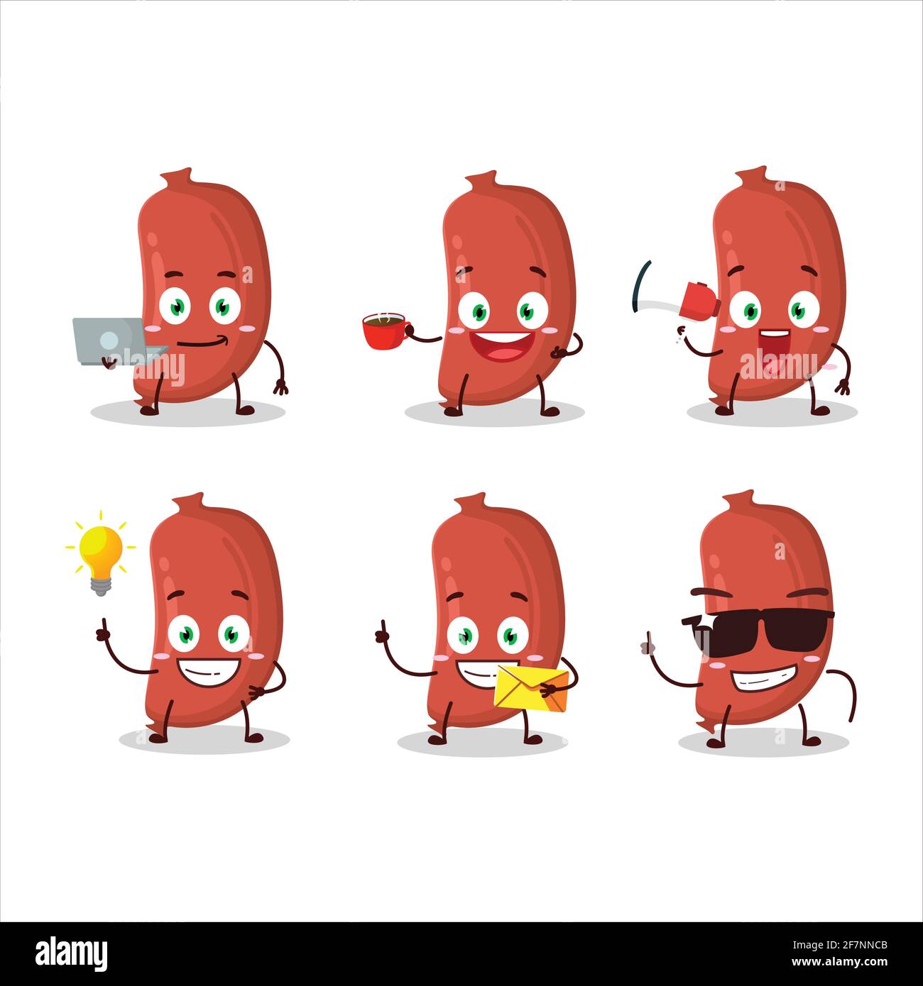 Sausage cartoon character with various types of business emoticons ...