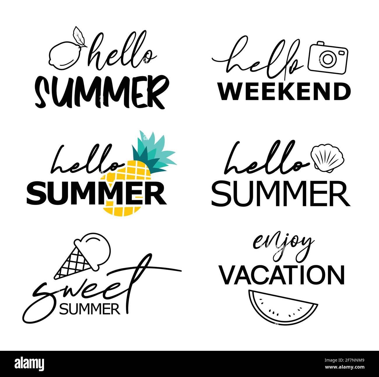 Hello summer hand drawn lettering set. Summer typography for design t ...