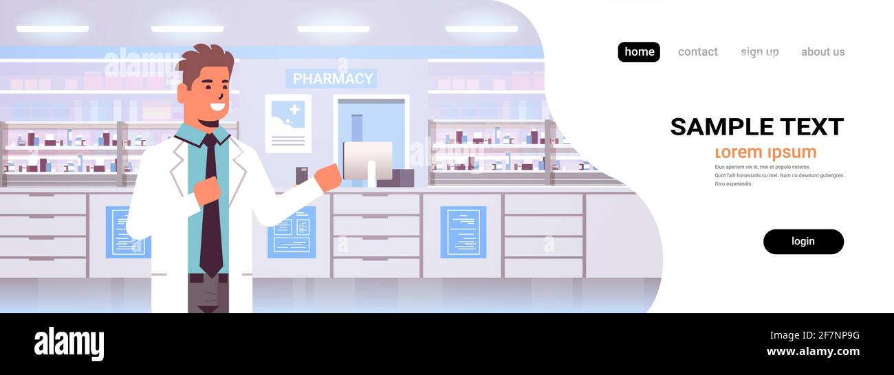 smiling male doctor pharmacist modern pharmacy drugstore interior ...