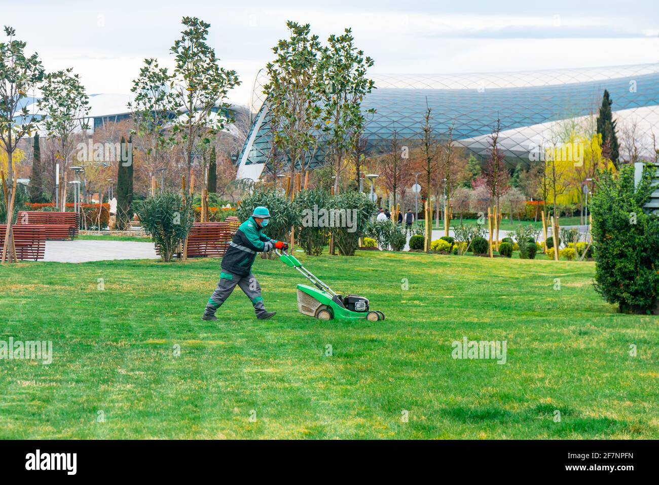 The gardener cutting grass by lawn mower. Park and outdoor Stock Photo ...