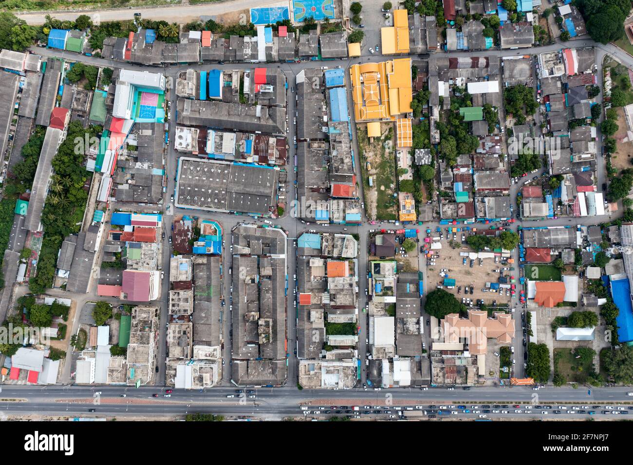 Top view of Crowded commercial building and residential in rural ...