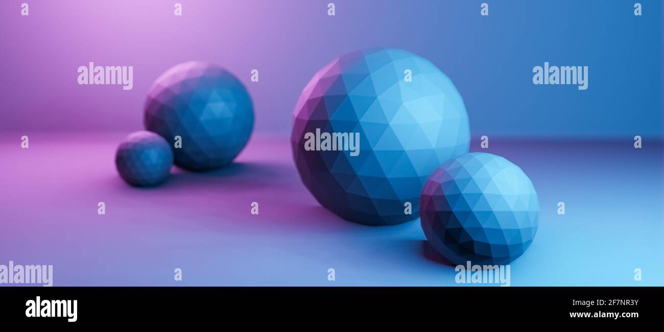 Abstract low poly round spheres, globes or blue balls in realistic ...