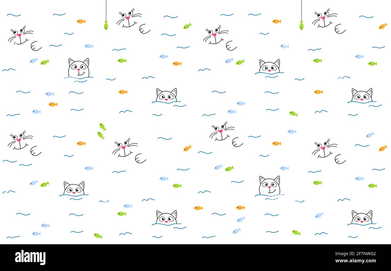 Cute cat swims in the river and catches fish. Seamless pattern with ...