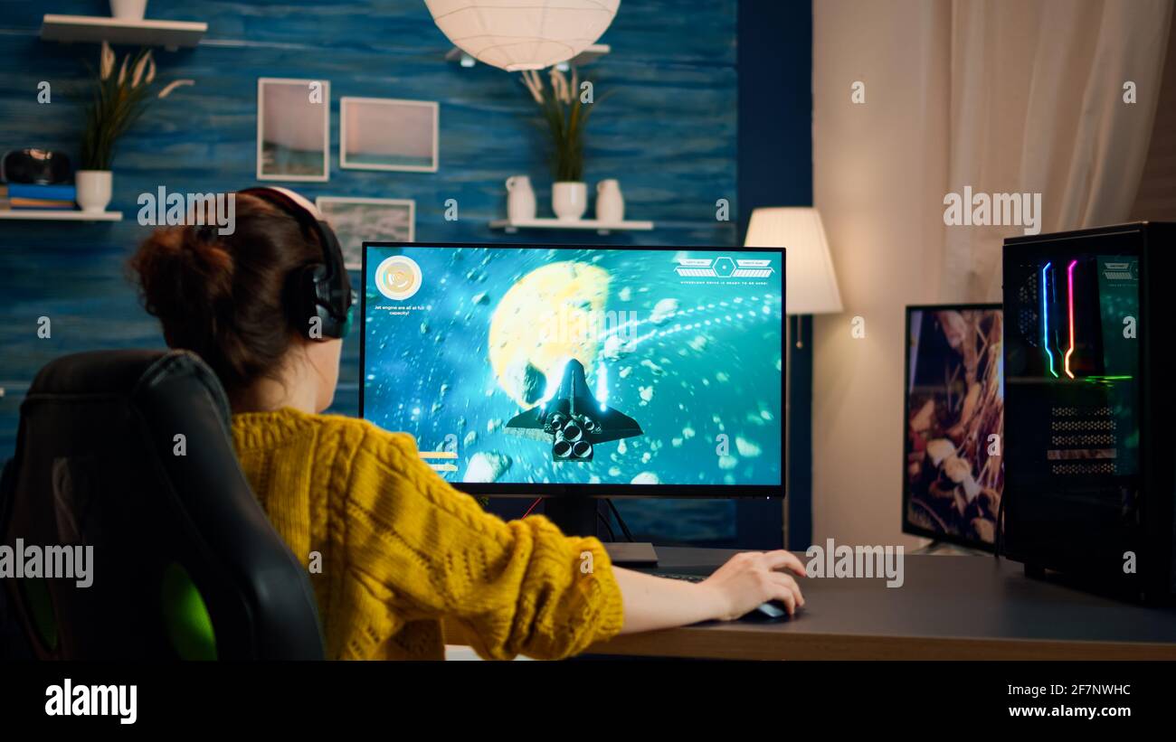 Professional eSports gamer skilfully plays 3D shooter mock-up video ...