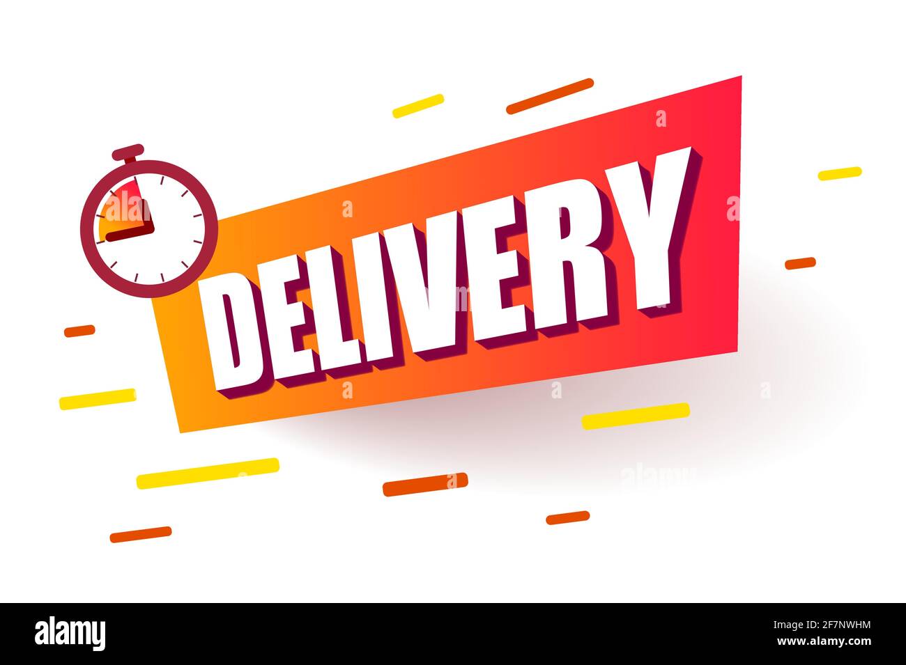 Sticker with says delivery. Red ribbon with text delivery and clock ...