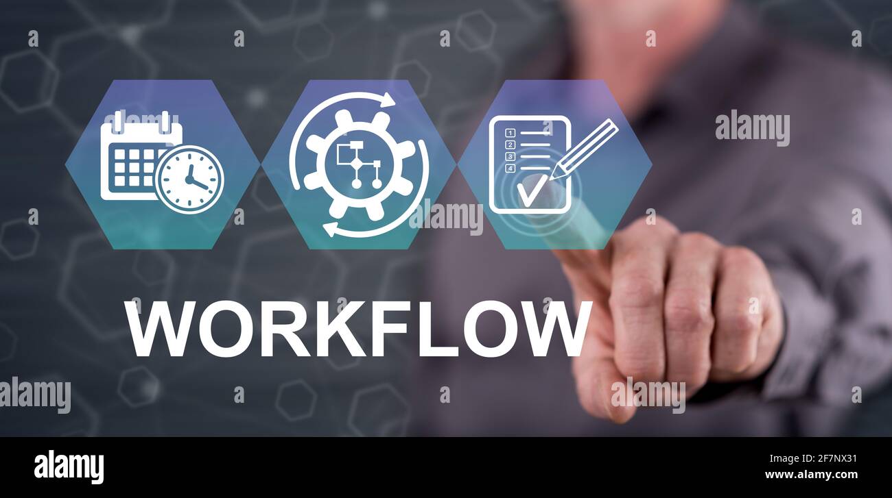 Man touching a workflow concept on a touch screen with his finger Stock ...