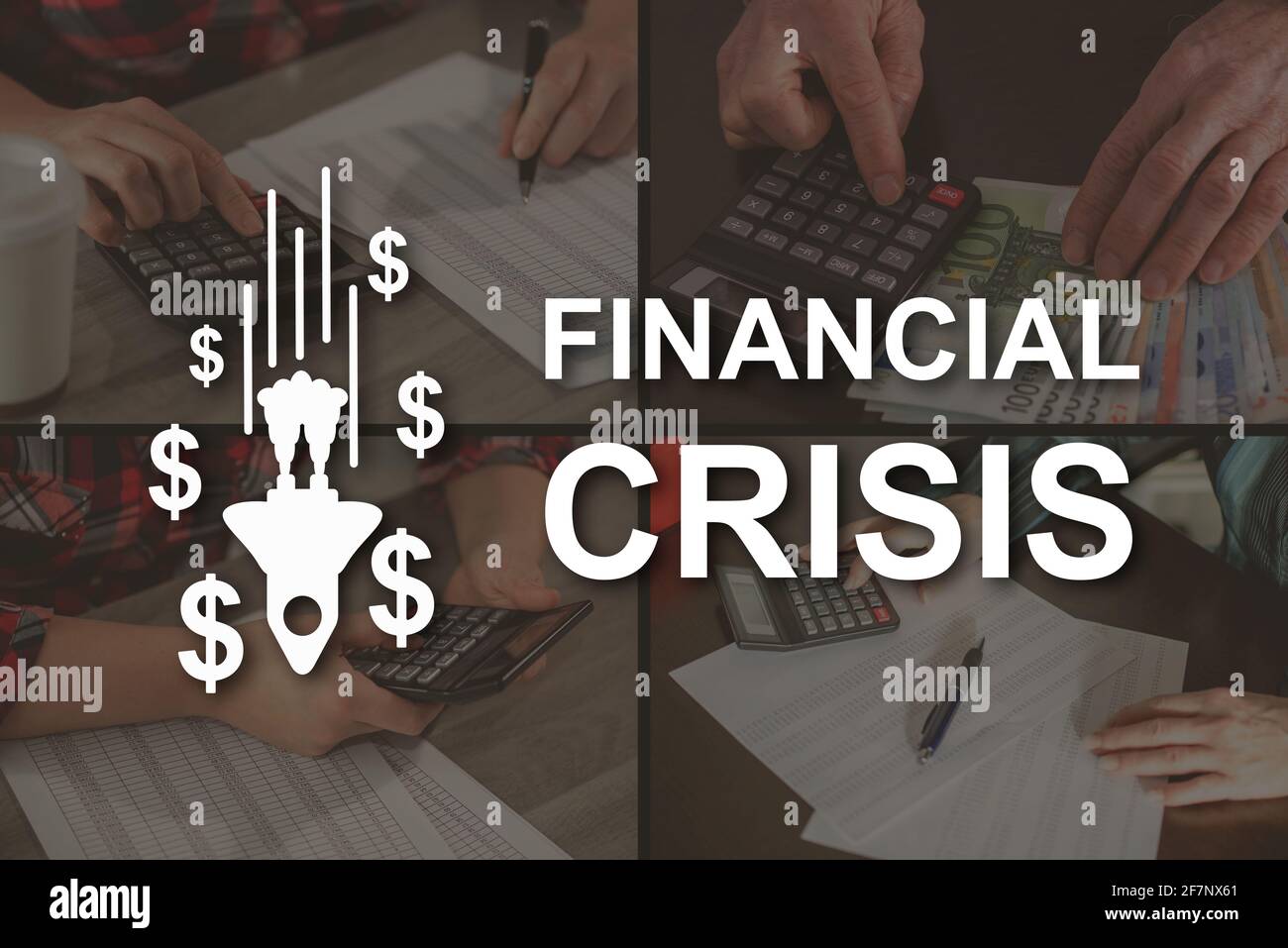 Financial crisis concept illustrated by pictures on background Stock ...