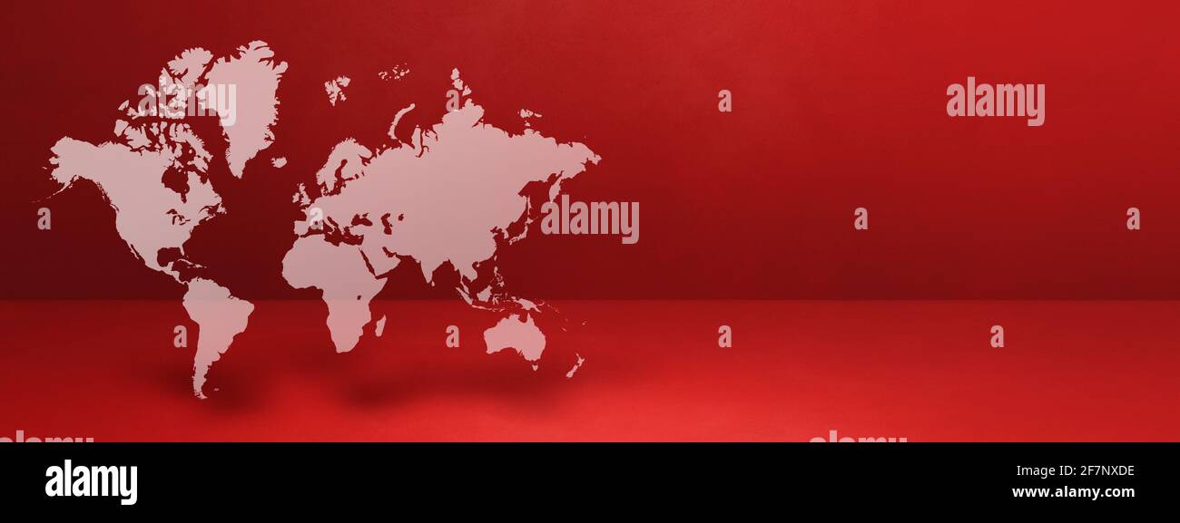 World map isolated on red wall background. 3D illustration. Horizontal ...