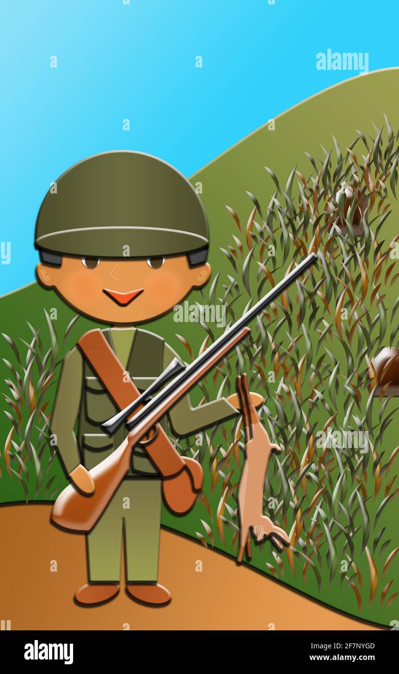 Cartoon of a cute Happy Hunter, with a rifle and a hare. This ...