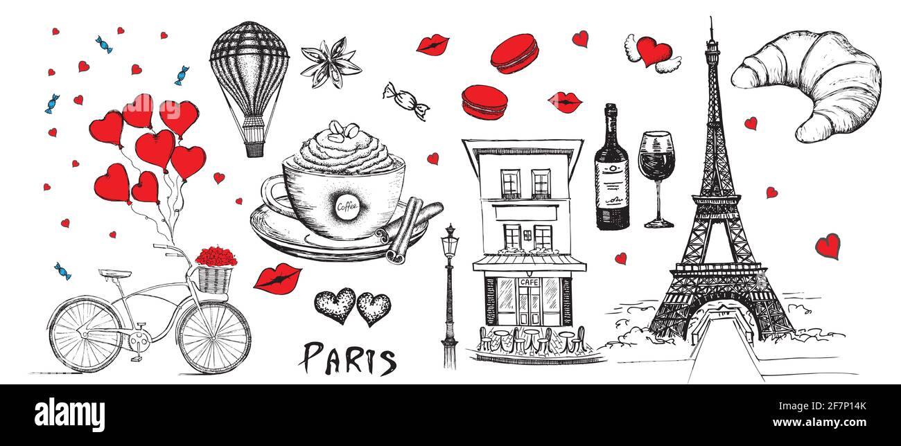 Set of hand drawn French icons, Paris sketch illustration Stock Photo ...