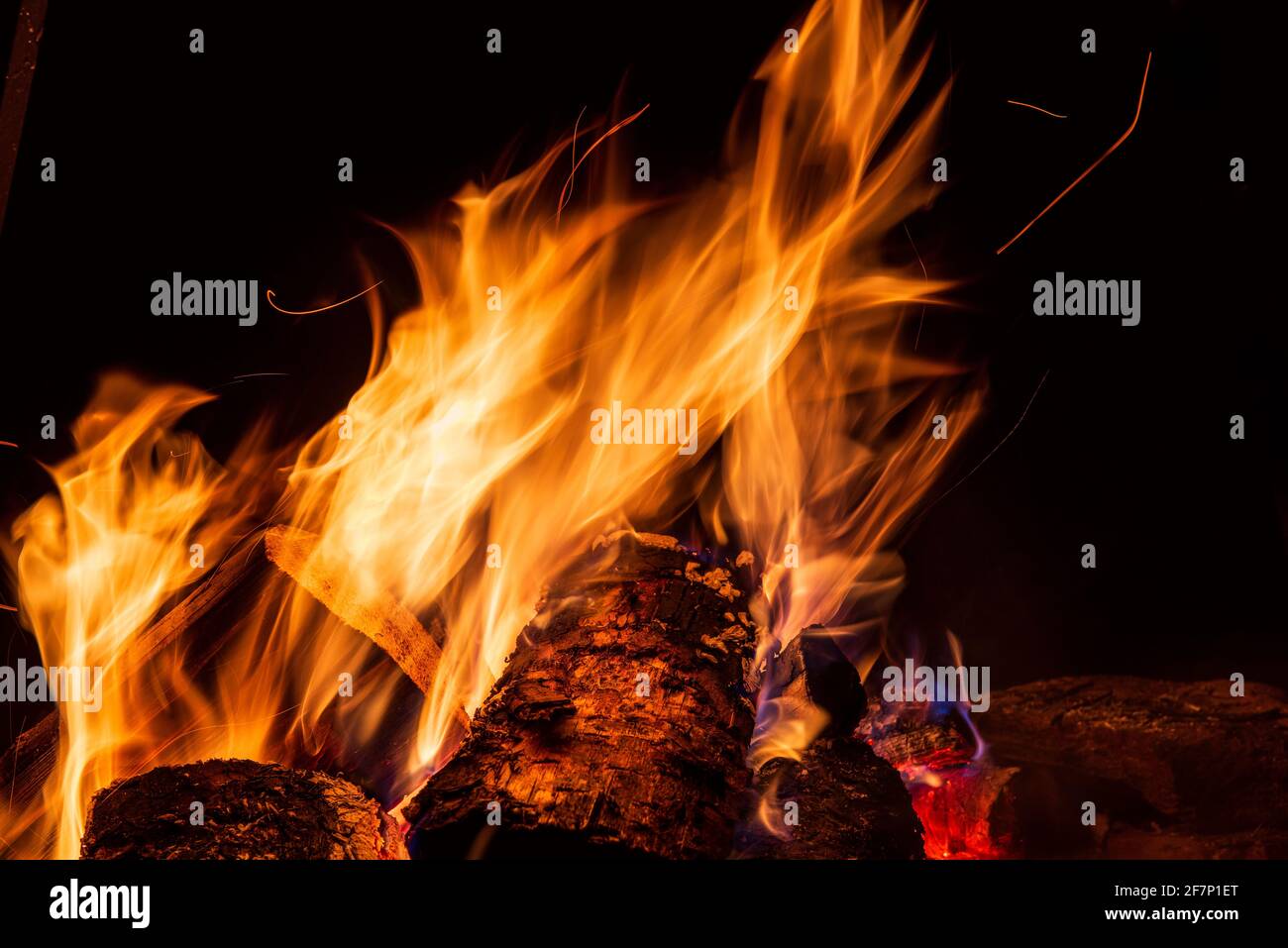 Night campfire with available space. Big bonfire against black ...
