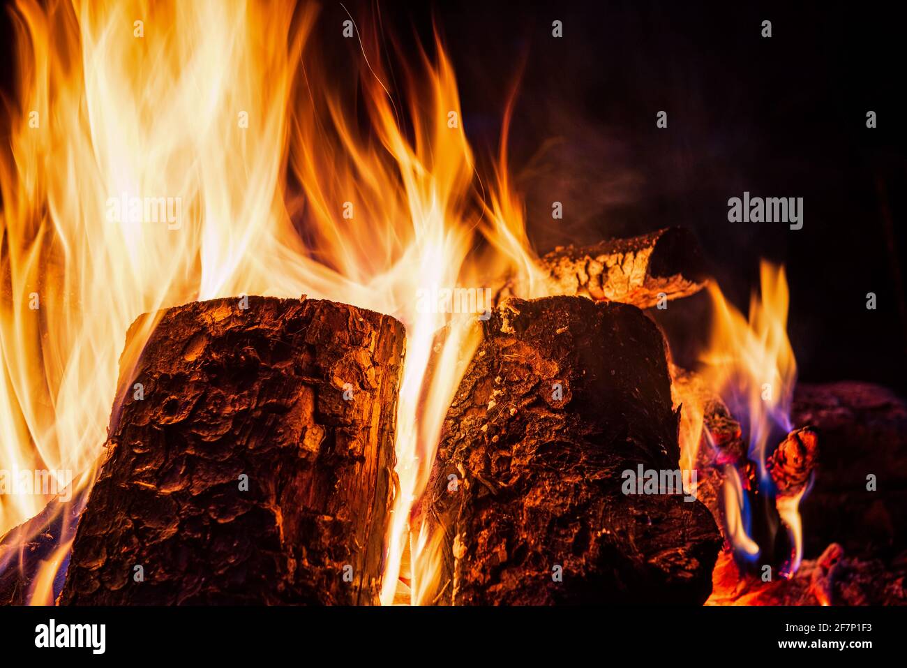 Night campfire with available space. Big bonfire against black ...