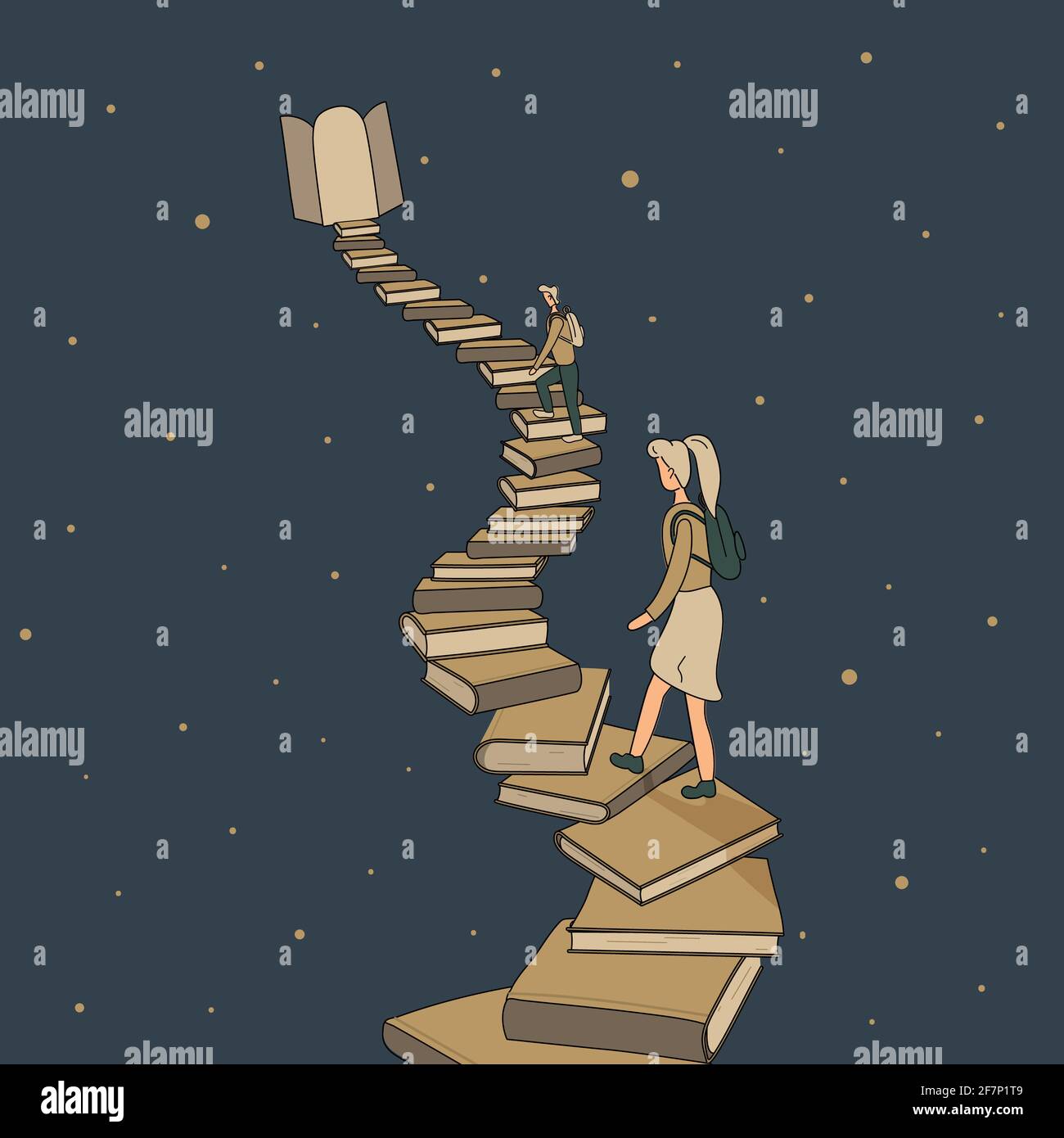 Concept:book or reading is source of knowledge.Tiny boy and girl climb ...