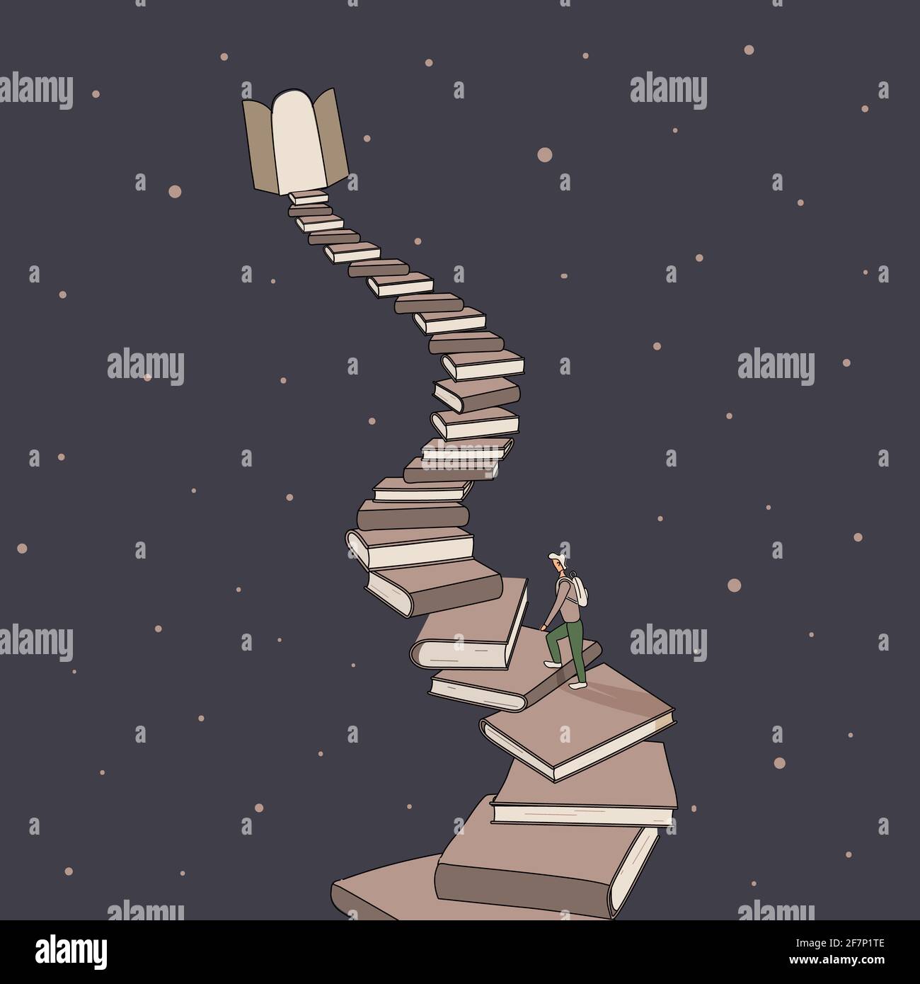 Concept: book or reading is source of knowledge.Tiny boy climb up stack ...