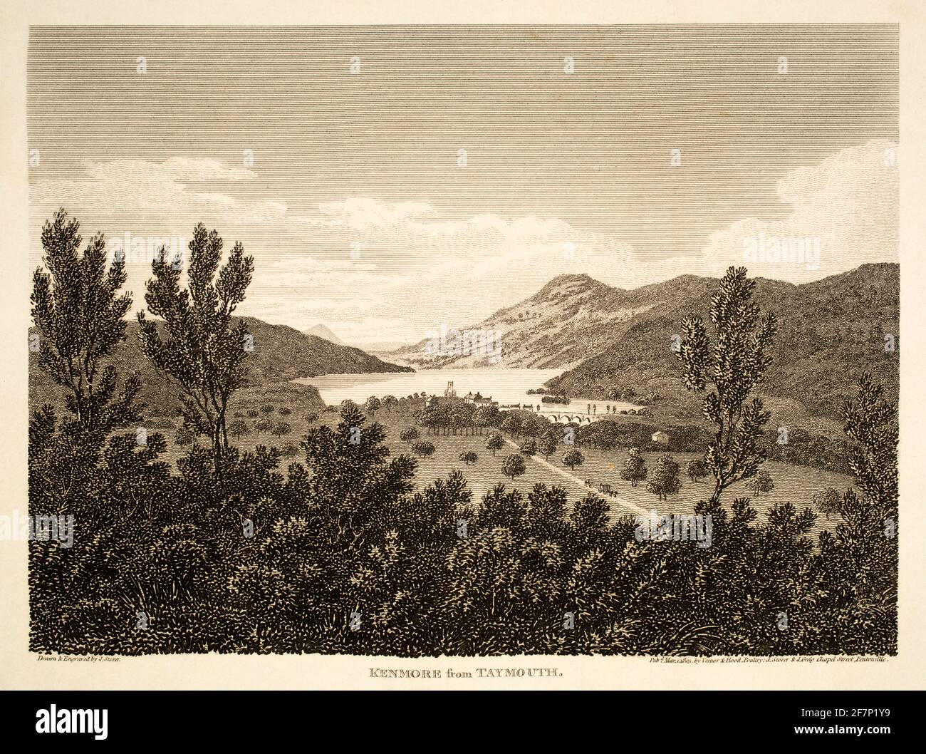 1805 original engraving of Kenmore village ftom Taymouth at end of 18th ...