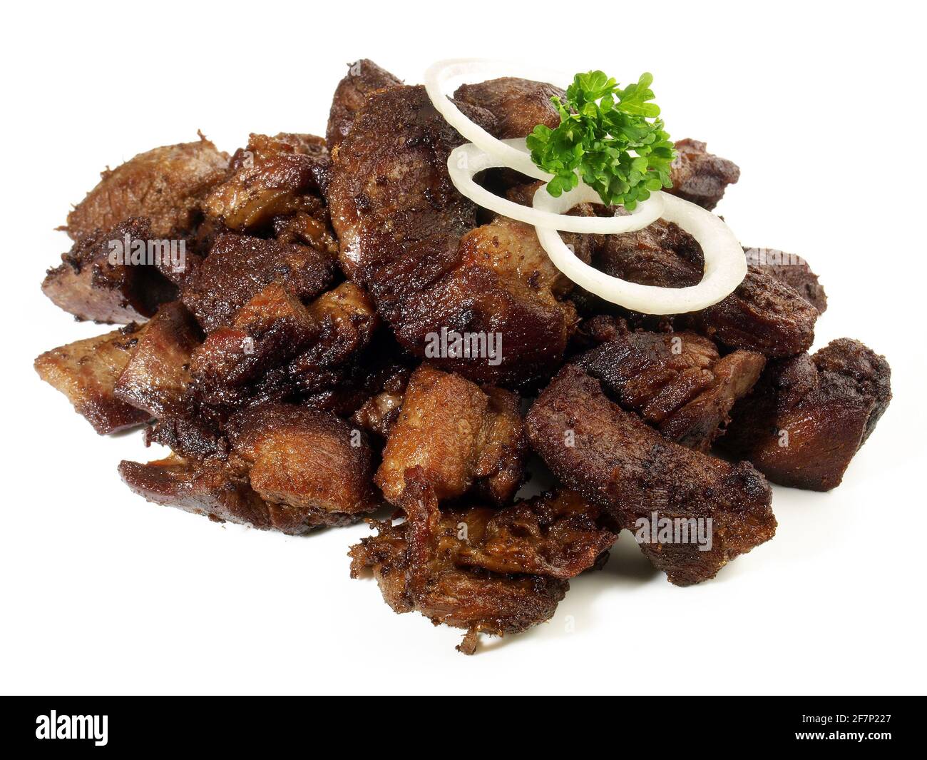 Fried Meat with Onions isolated on white Background Stock Photo - Alamy