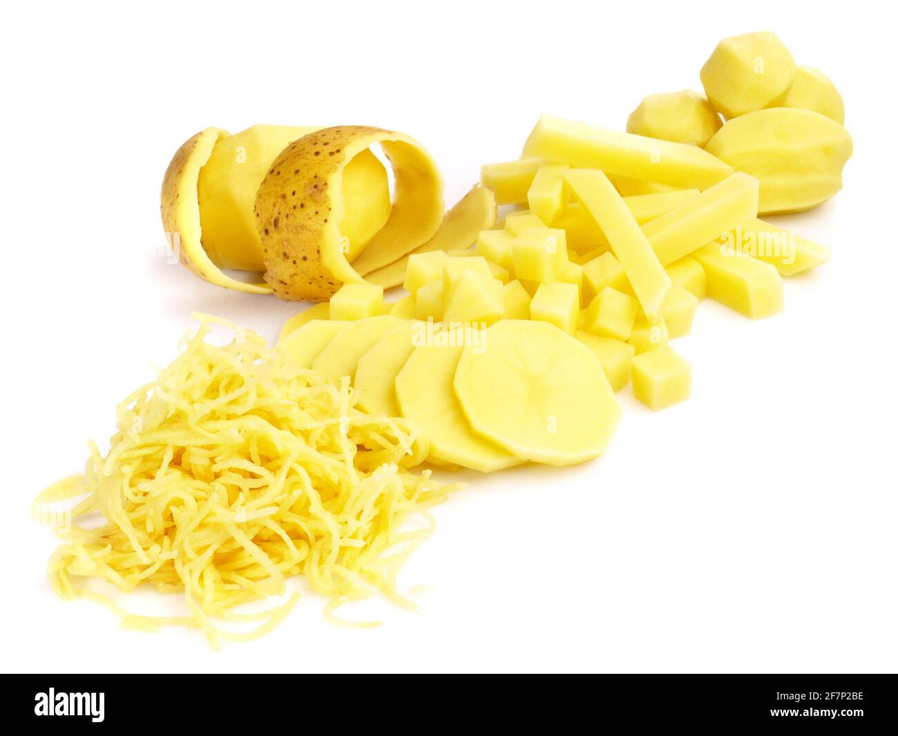Peeled Potato in various cuts isolated on white Background - Cutting ...
