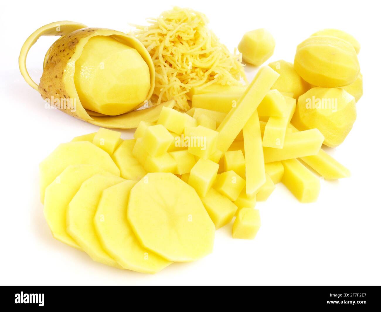 Peeled Potato in various cuts isolated on white Background - Cutting ...