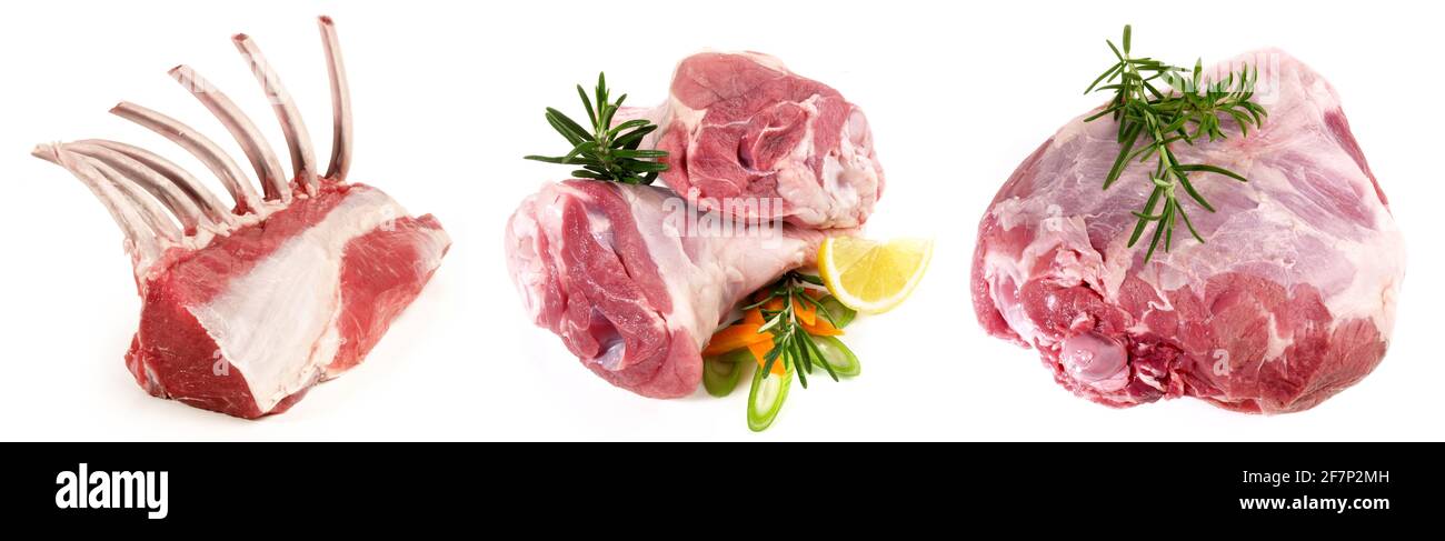 Different Raw Lamb Meat isolated on white Background - Panorama Stock ...