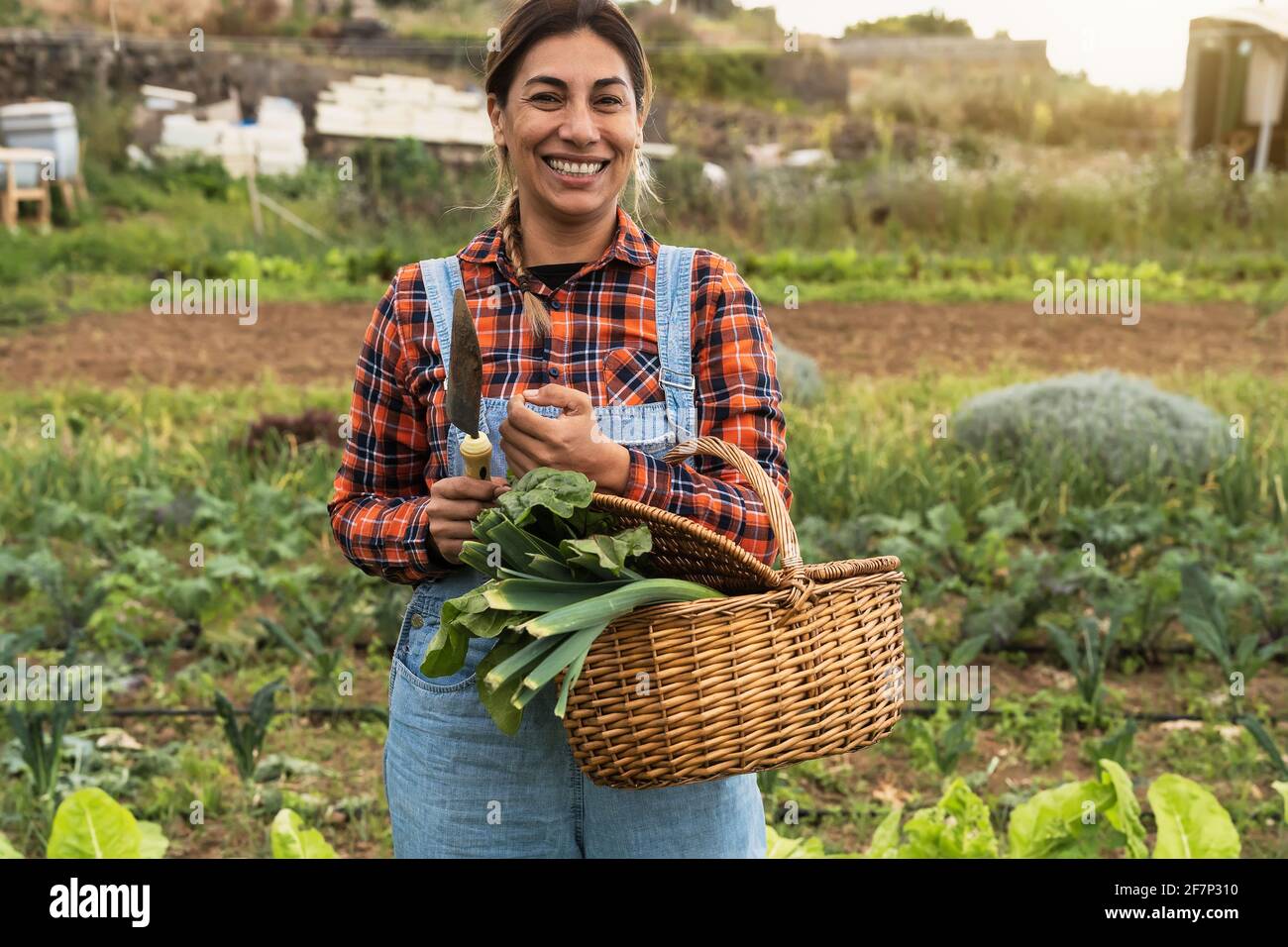Happy female farmer working in countryside holding fresh vegetables ...