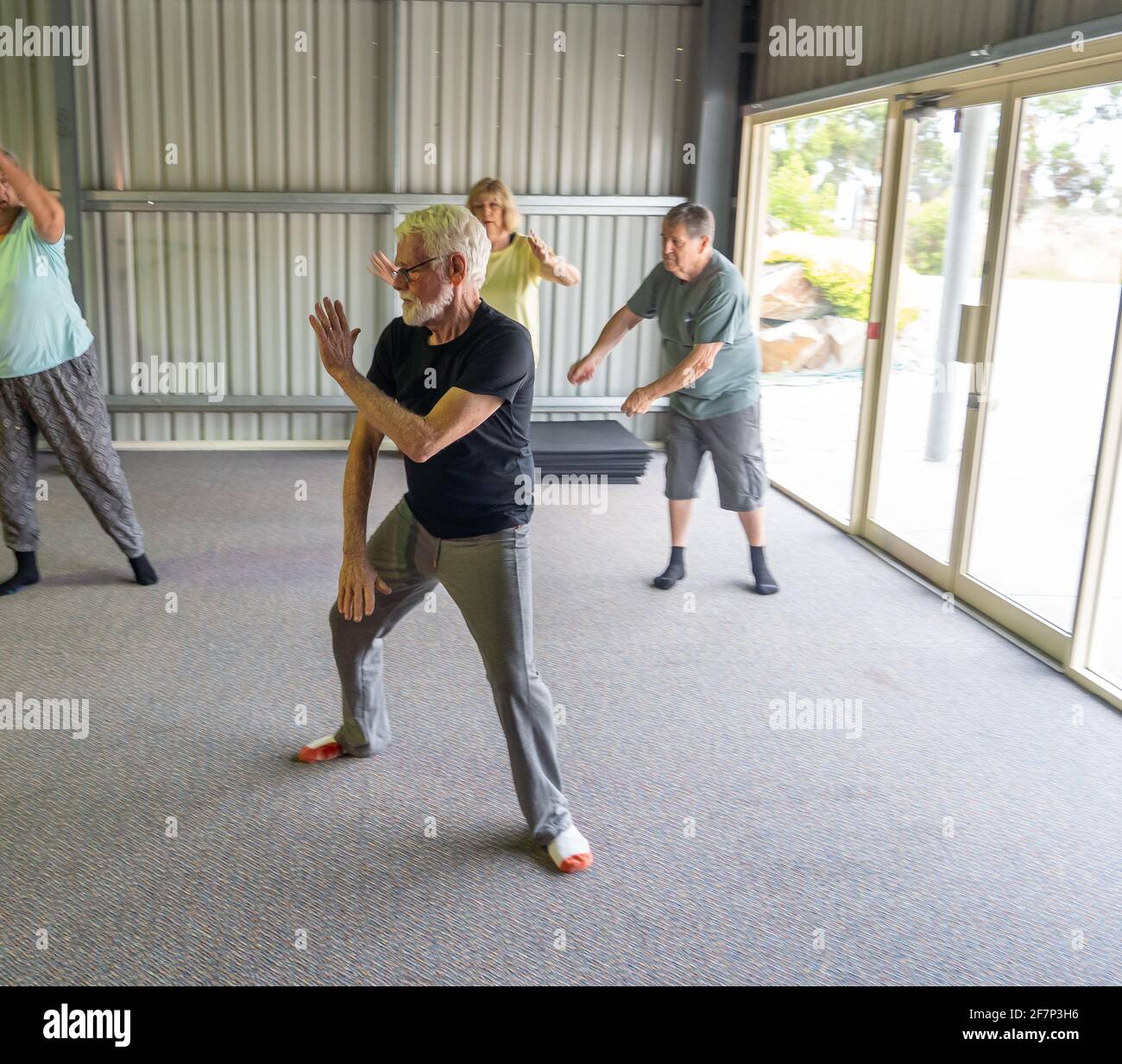 Group of seniors in Tai Chi class exercising in an active retirement ...