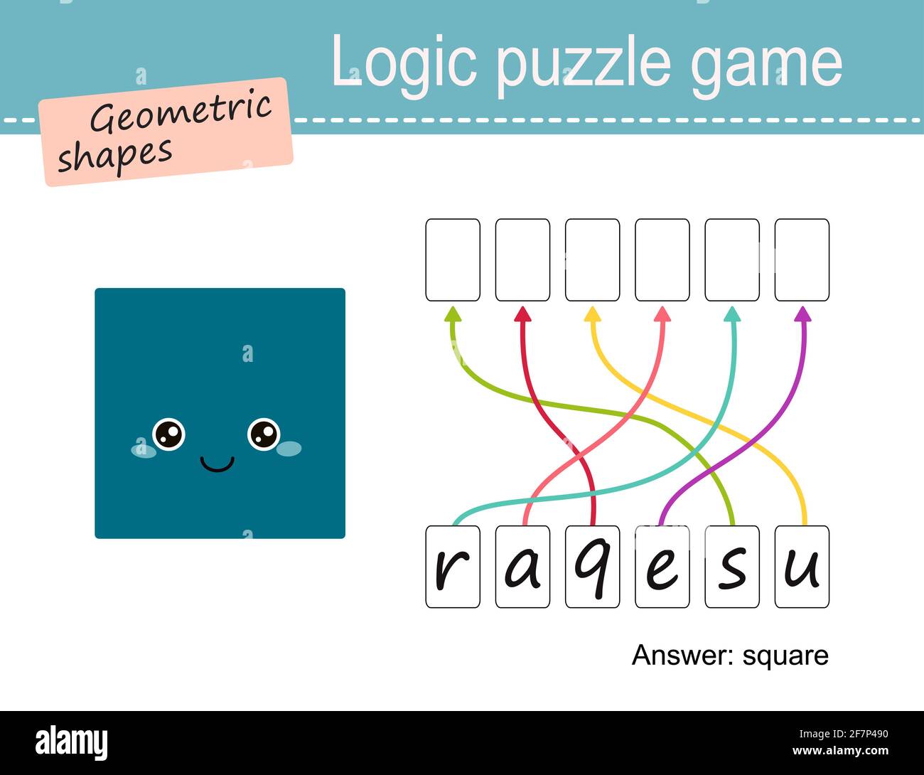 Logic puzzle game for children. Geometric shapes, square. Cartoon flat ...
