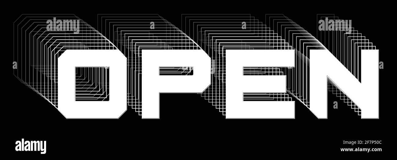 OPEN - white lettering as abstract label with repeating effect on black ...