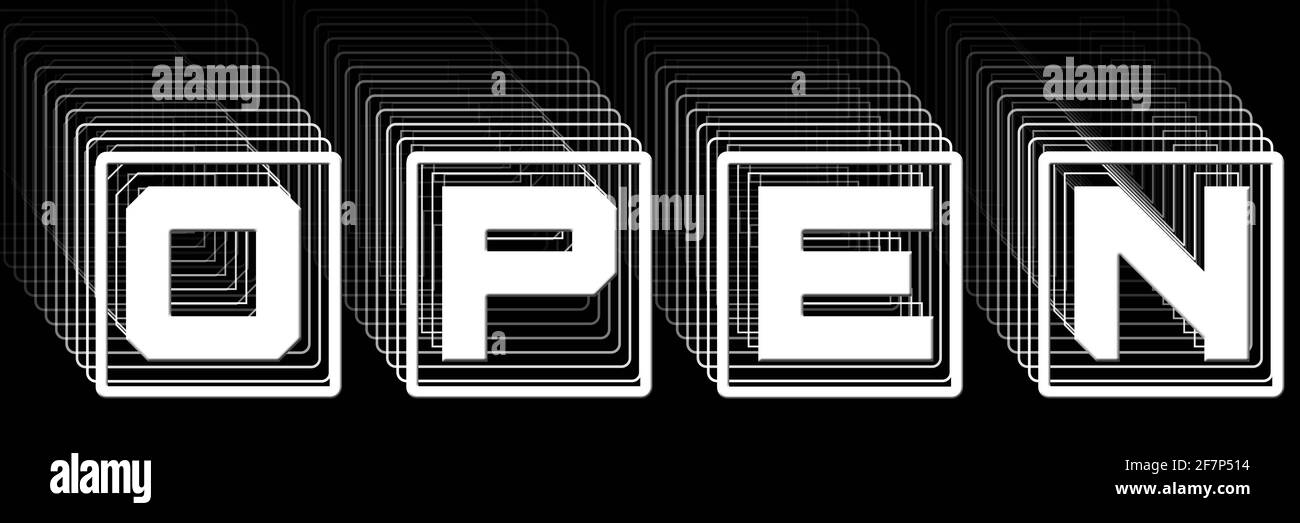 OPEN - white lettering in frame as abstract label with repeating effect ...
