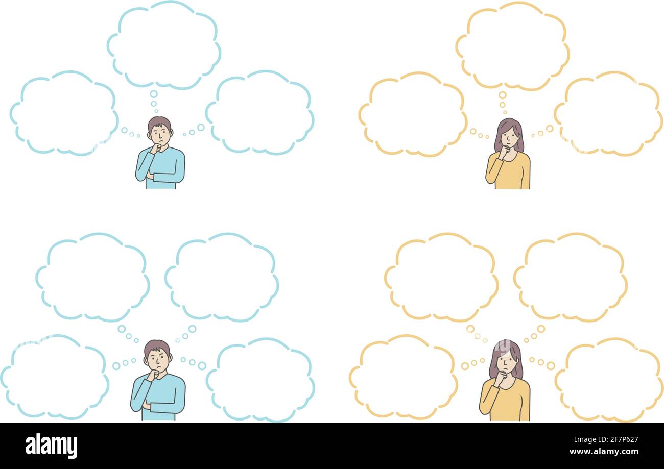 Vector illustration of a thinking man and woman with speech bubbles ...