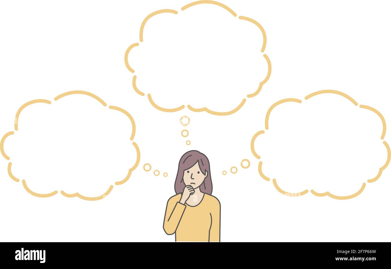 Vector illustration of a thinking woman with speech bubbles Stock ...