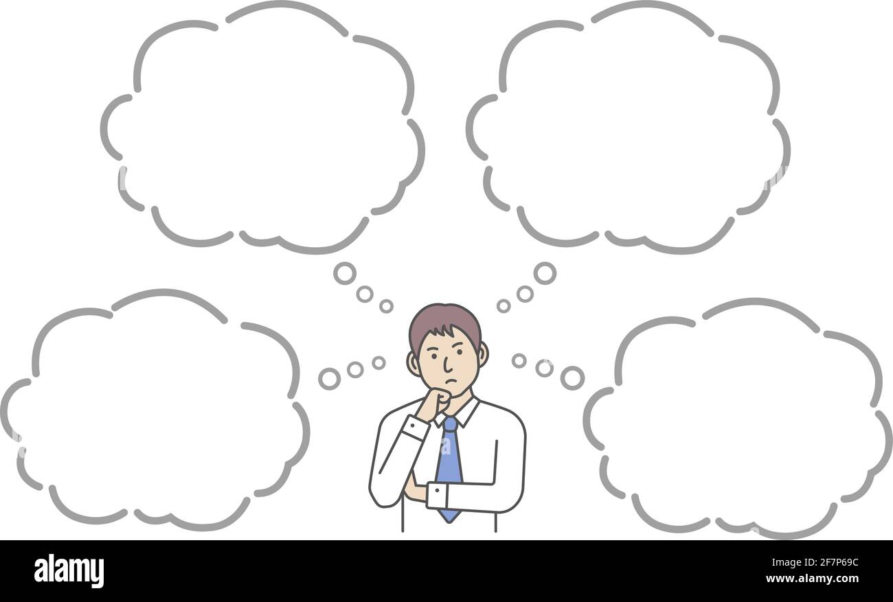 Vector illustration of a thinking businessman with speech bubbles Stock ...