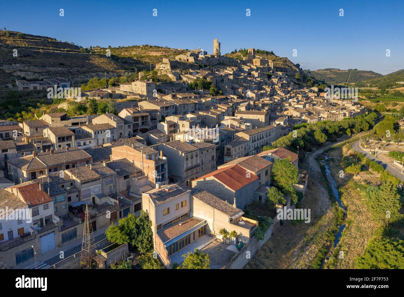 Aerial view of Guimerà medieval town at sunset (Lleida province ...