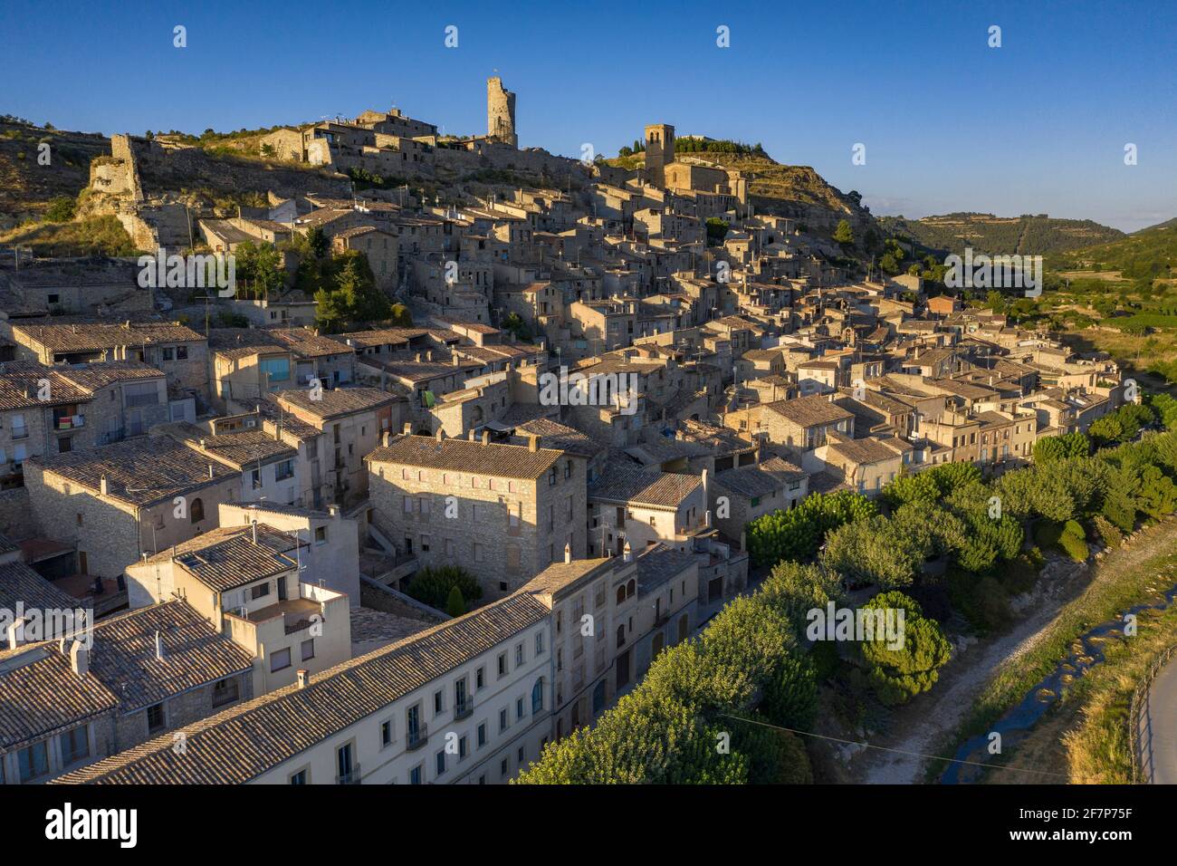 Aerial view of Guimerà medieval town at sunset (Lleida province ...