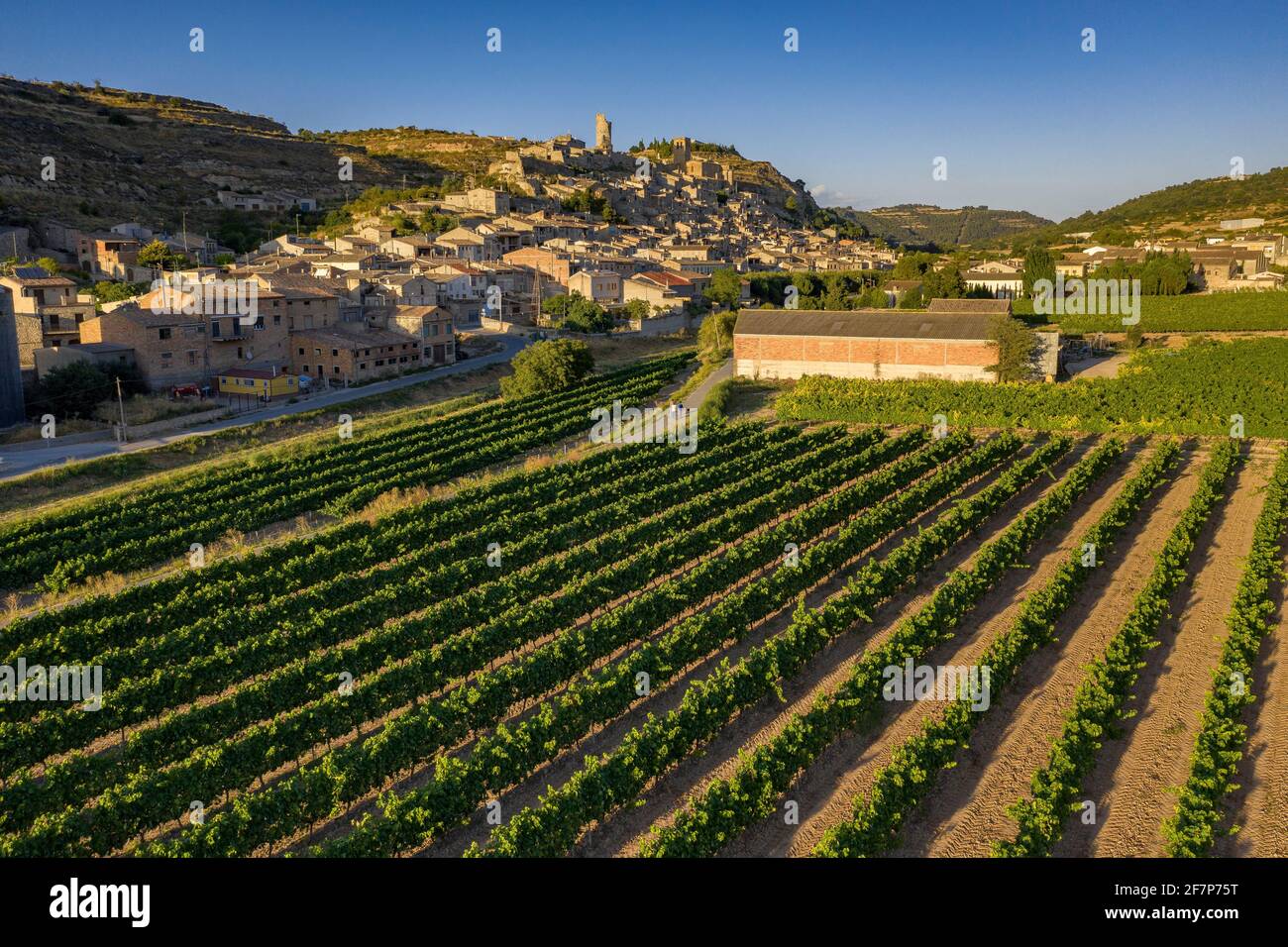 Aerial view of Guimerà medieval town at sunset (Lleida province ...