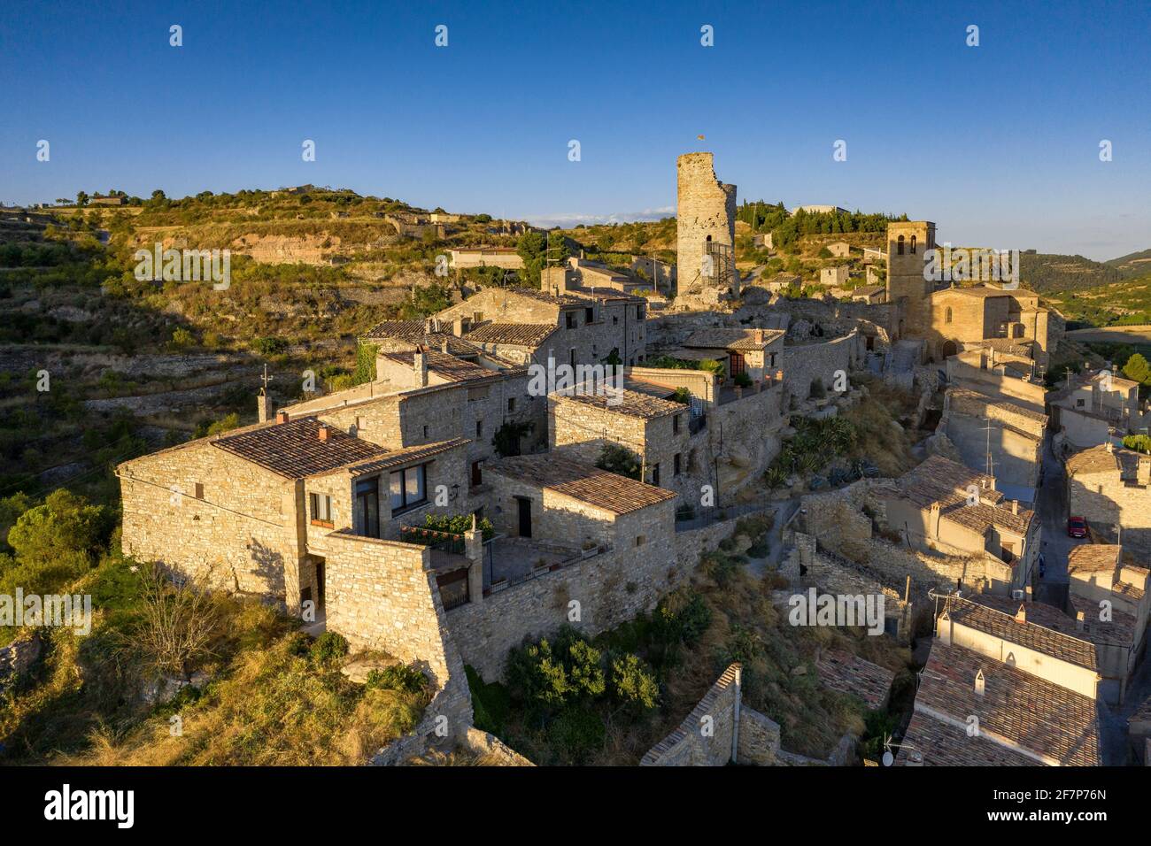 Aerial view of Guimerà medieval town at sunset (Lleida province ...