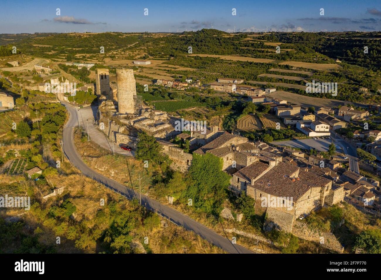 Aerial view of Guimerà medieval town at sunset (Lleida province ...