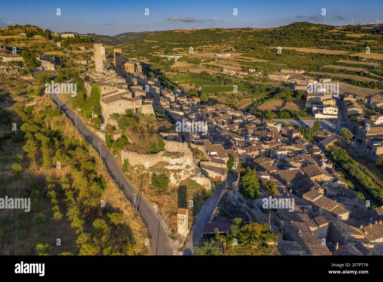 Aerial view of Guimerà medieval town at sunset (Lleida province ...