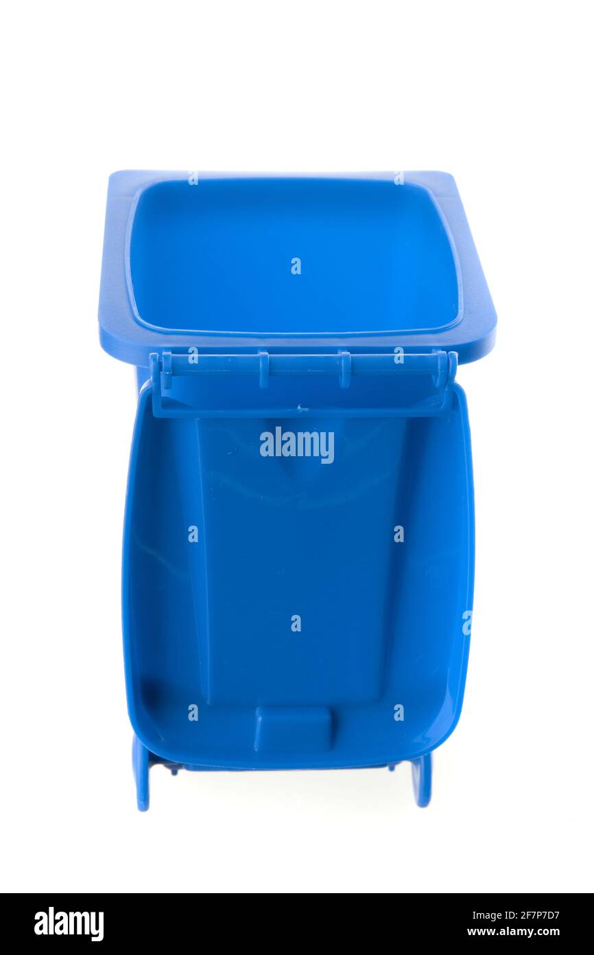 Plastic blue trash can isolated on white background Stock Photo - Alamy