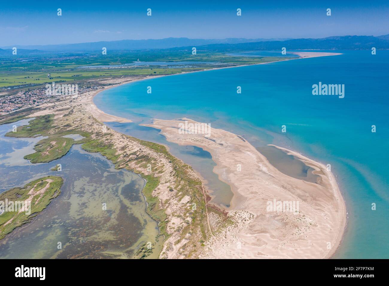 Aerial view of the Ebro river mouth into the Mediterranean Sea in the ...