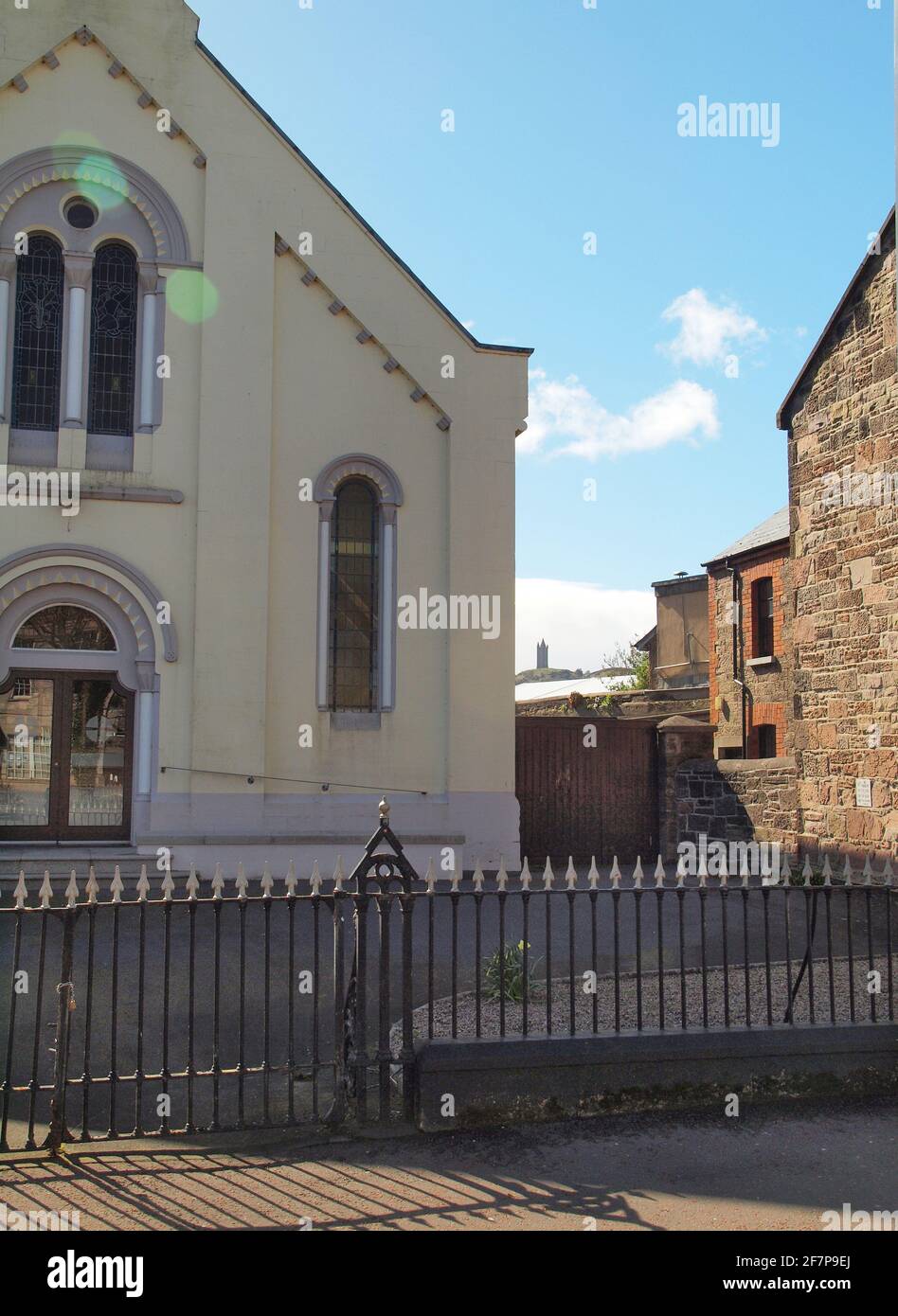 Newtownards Methodist Church & Scrabo tower in backdrop street ...