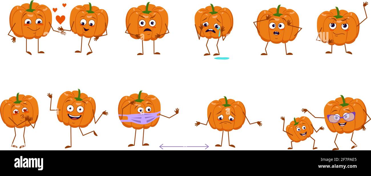 Set of cute pumpkin characters with emotions, faces, arms and legs ...