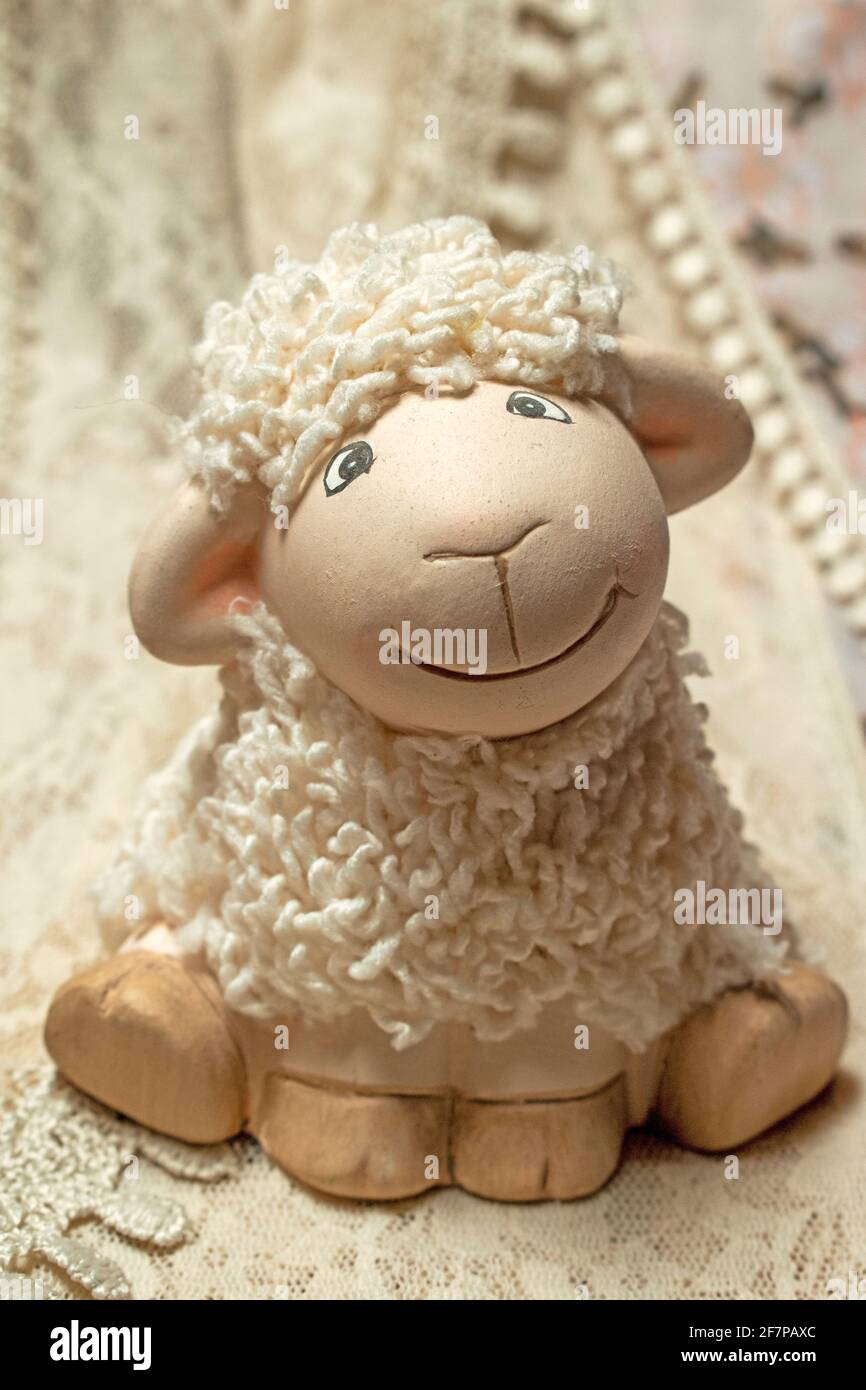 Toy white sheep, for children. Wool toy, white. Wooly plaything for ...
