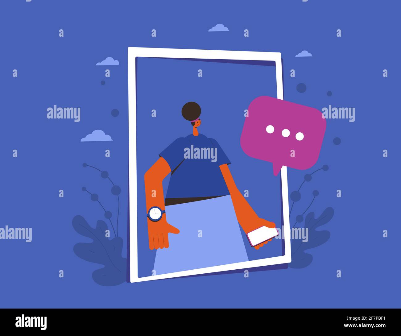 Online communication. Woman portrait with frame. Female person get a ...