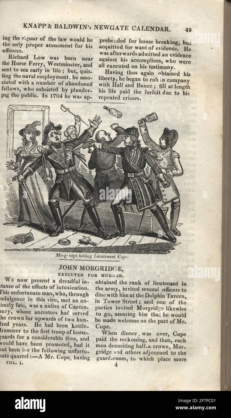 Page of the Newgate Calendar, showing John Morgridge killing Lieutenant ...