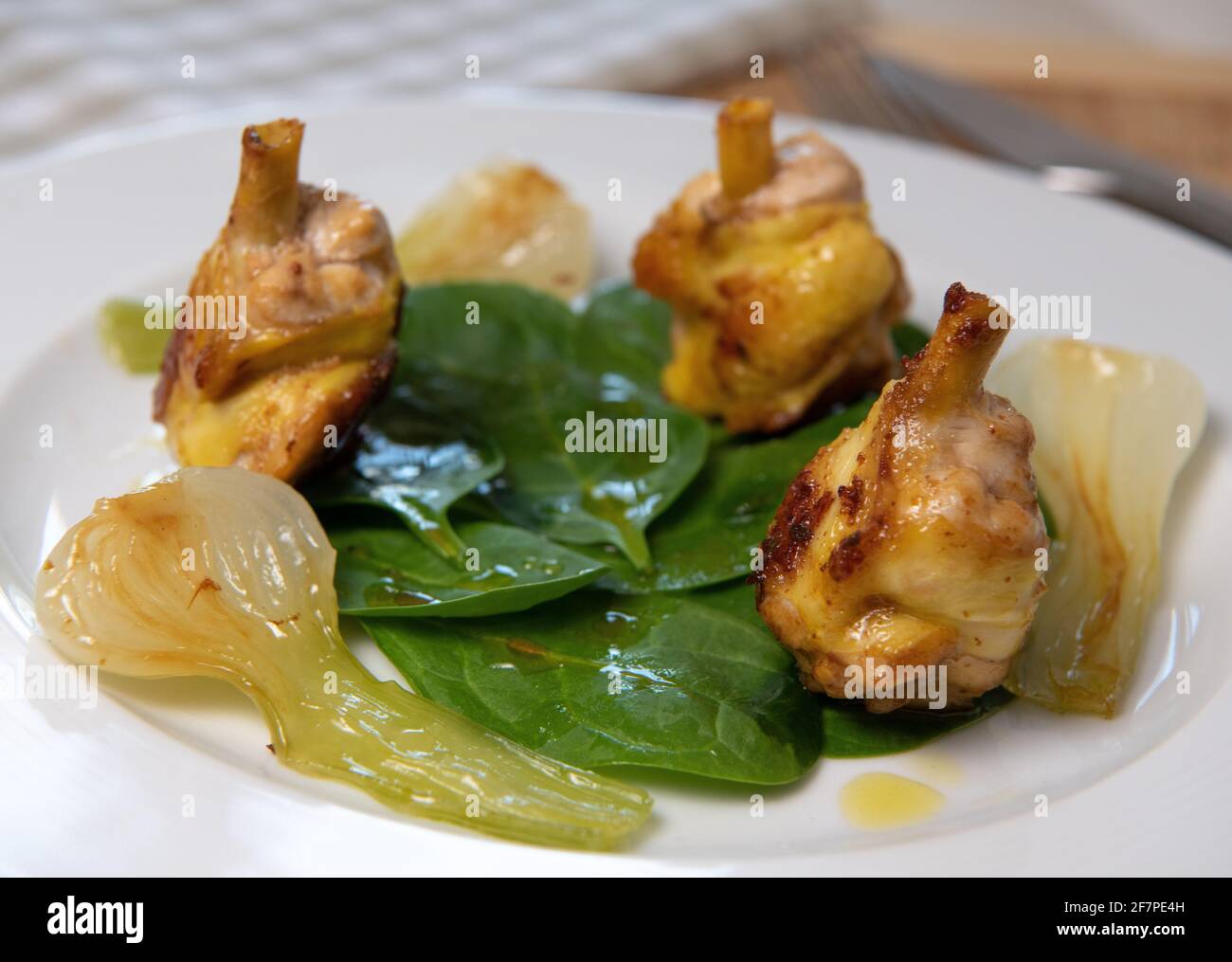 Fins, chicken drumstick, chicken, glazed onions, spinach leaves recipe ...
