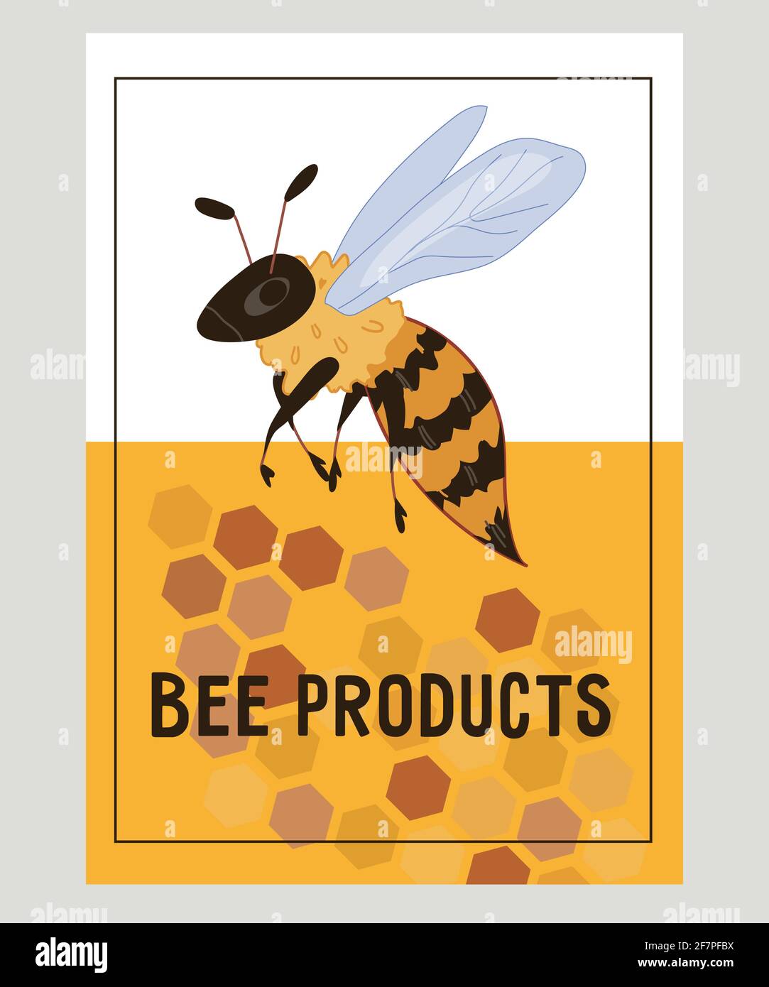 Natural bee products banner or card template with honey bee, flat ...