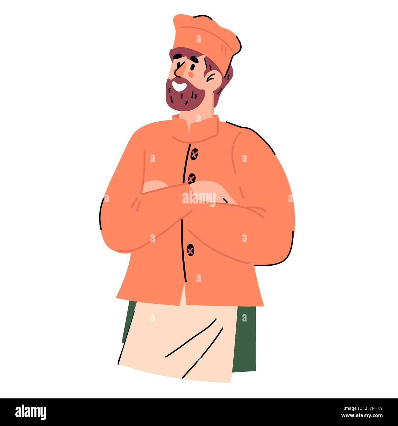 Half-portrait of confident bearded restaurant chief cook, cartoon flat ...